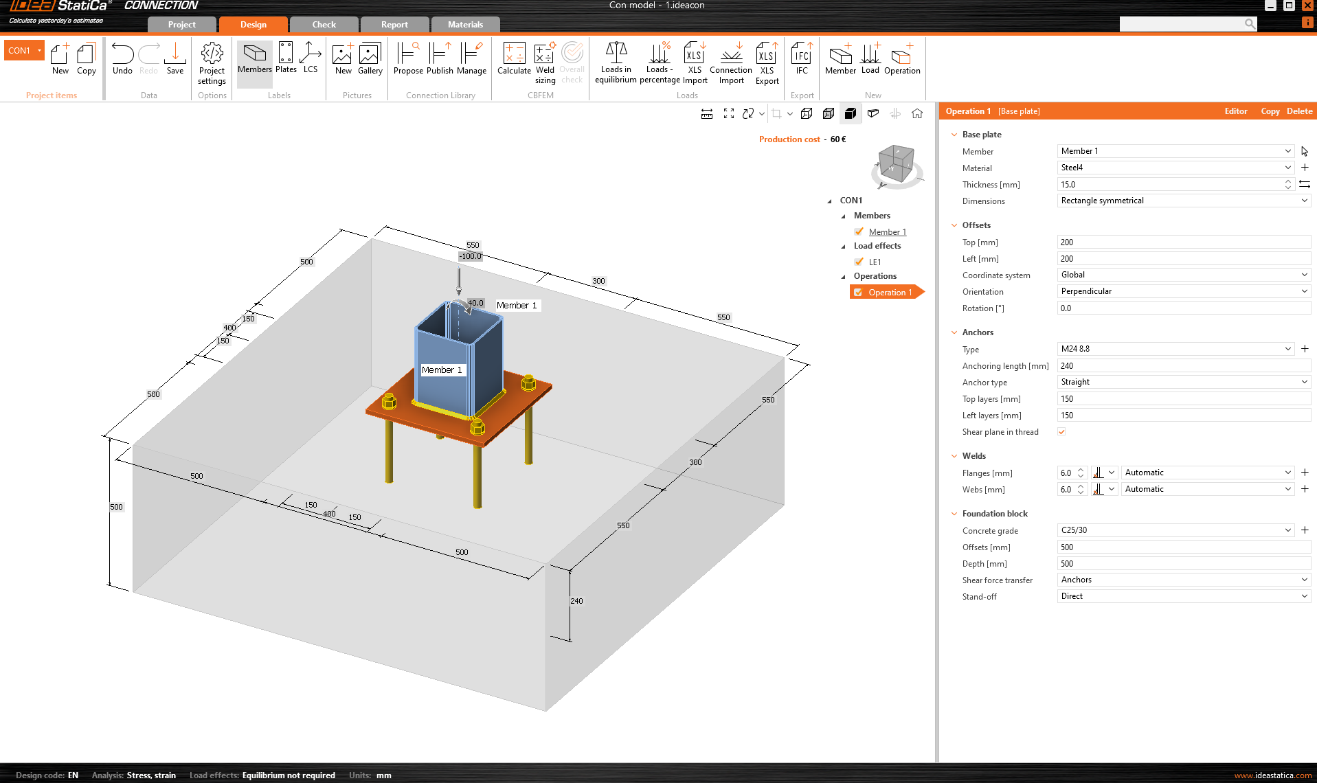 Comparison of concrete cone failure according to EN 1994-2 and 3D CSFM | IDEA StatiCa